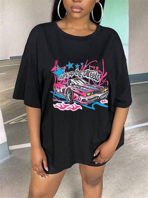 Shein Slayr Mais Gráfico De Carros E Slogans Camiseta Ombro Caído