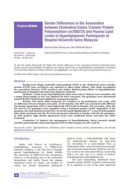 Pdf Genetic And Gender Factor Affect Lipid Profiles Of Patients