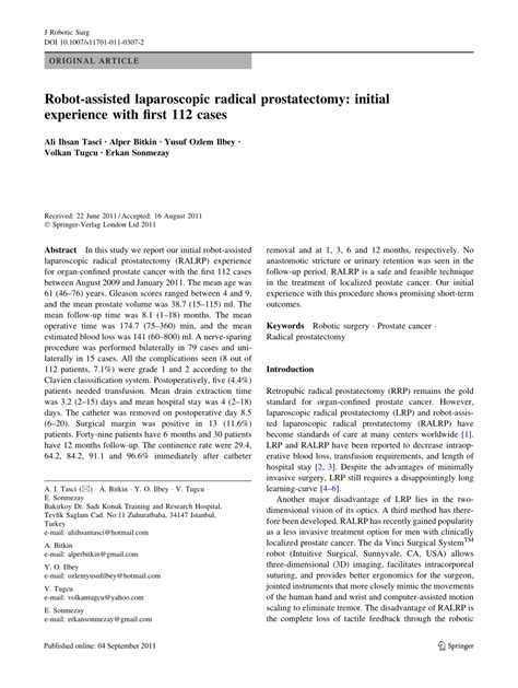 Pdf Robot Assisted Laparoscopic Radical Prostatectomy Initial
