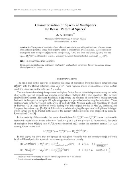PDF Characterization Of Spaces Of Multipliers For Bessel Potential Spaces