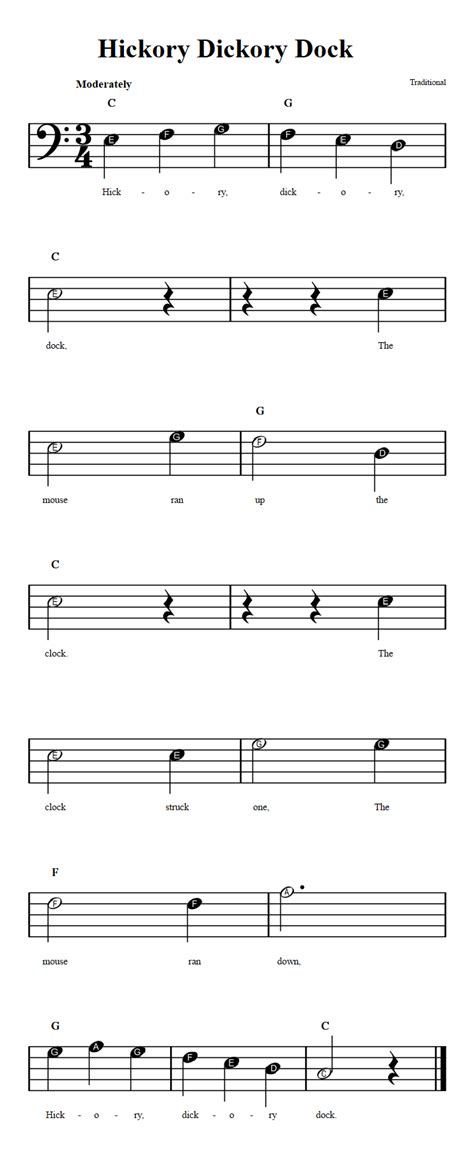 Hickory Dickory Dock Beginner Bass Clef Sheet Music With Chords And Lyrics