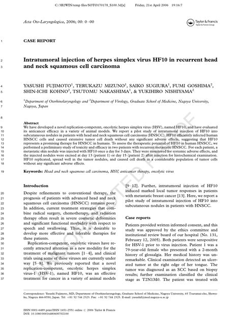 Pdf Intratumoral Injection Of Herpes Simplex Virus Hf10 In Recurrent