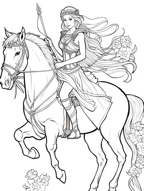 Uma P Gina Para Colorir De Uma Menina Montando Um Cavalo Com Uma Espada Generativa Ai Foto Premium