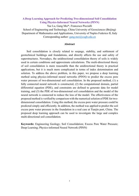PDF A Deep Learning Approach For Predicting Two Dimensional Soil Consolidation Using Physics