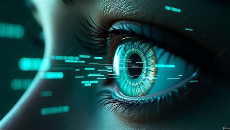 Close Up Of A Human Eye With Glowing Blue Iris Overlaid Digital Data Streams And Binary Code