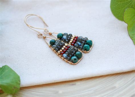 Gemstone Earrings Long Dangle Earrings Hippie Jewelry Unique