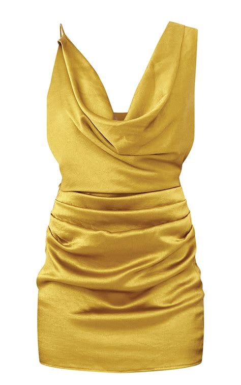 Chartreuse Satin Extreme Cowl Bodycon Dress Dresses Prettylittlething