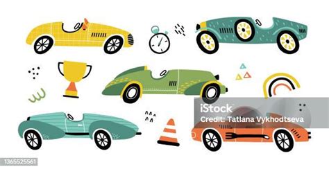 손으로 그린 스타일로 추상적 인 모양과 만화 경주 자동차의 세트 티셔츠 의류 카드 포스터 보육 장식에 적합합니다 베이지 색 배경 벡터 그림에서 격리 경주용 자동차 자동차에