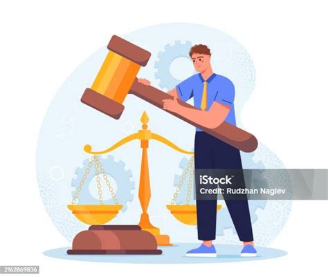 법과 정의의 남자 거대한 판사를 가진 젊은 남자가 저울 옆에서 의사봉을 돌고 있습니다 법학 및 법률 지원 입법 및 판단 평면
