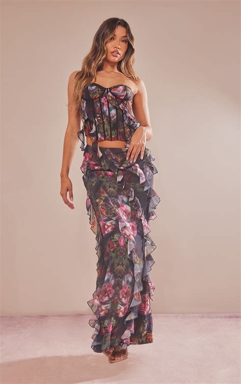 Black Rose Print Chiffon Ruffle Detail Maxi Skirt Prettylittlething Ksa