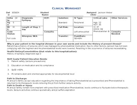 V Sim Clinical Worksheet Jackson Clinical Worksheet Dat E 32924