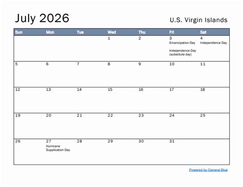 Free Monthly Calendar Template For July 2026 With U S Virgin Islands Holidays