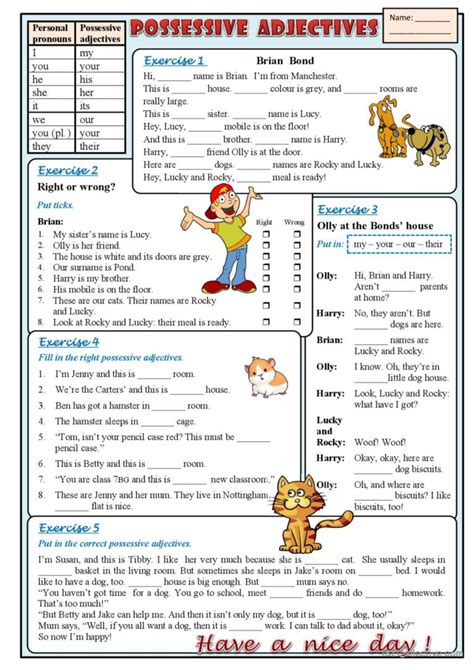 Possessive Adjectives English ESL Worksheets Pdf Doc Adjectiveworksheets Net