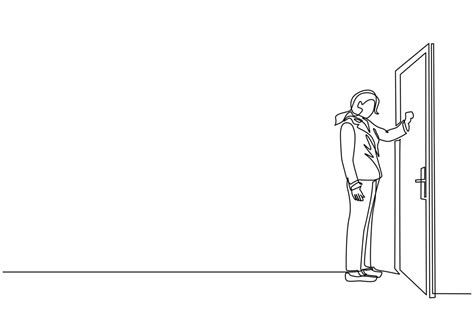 Single One Line Drawing Businesswoman Knocking At Door Woman Standing