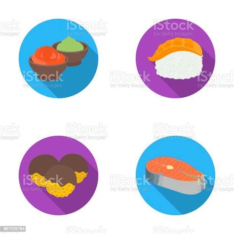 와 사비 소스와 생강 연어 스테이크 낙 지 스시는 평면 스타일 벡터 기호 재고 일러스트 웹에서 컬렉션 아이콘을 설정합니다 0명에 대한 스톡 벡터 아트 및 기타 이미지