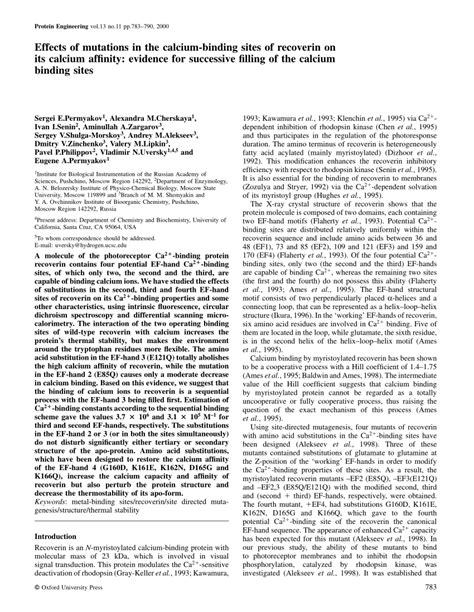 Pdf Effects Of Mutations In The Calcium Binding Sites Of Recoverin On