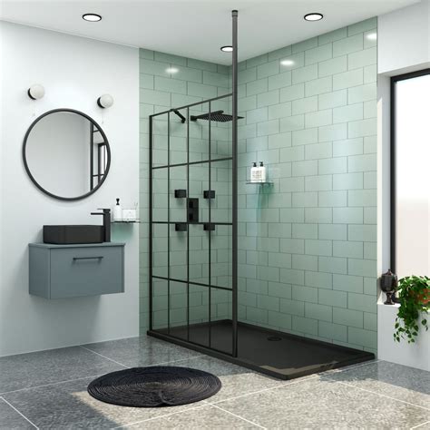 Milan Wet Room Shower Screen Matt Black Grid Ceiling Post 8mm Easy