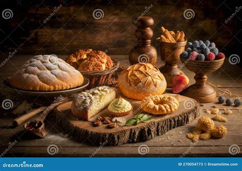 Various Types Of Baked Goods On Wooden Table Generative Ai Stock