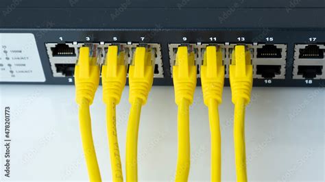 Network Switch And Six Yellow Ethernet Cable Network Connection Technology Thrue Cat6 And Cat5