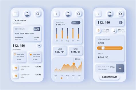 금융 서비스 개념 뉴모픽 템플릿은 금융 계정 Ui Ux Gui 화면을 설정합니다 프리미엄 벡터