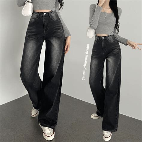 롱숏 ღ 2ver 레토 블랙 그라데이션 워싱 하이웨스트 데님 와이드팬츠 옌느 1color7310 에이블리