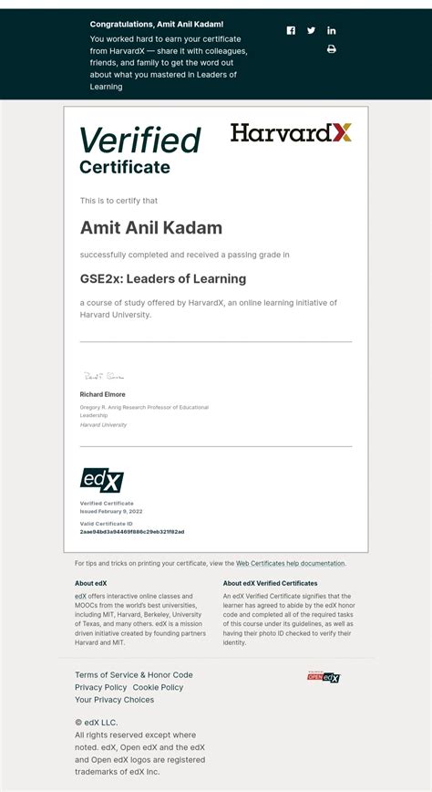 amit kadam on linkedin harwardx certificate of leader of learning