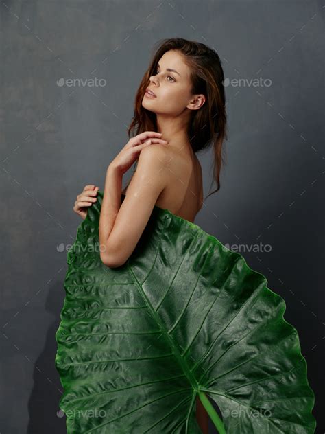 Charming Woman With Green Leaf Covers Naked Body Dark Background Stock