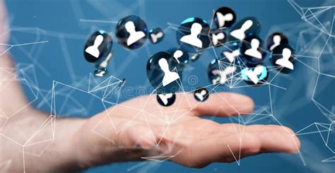 3d rendering of connected profile icons floating on a palm of a hand