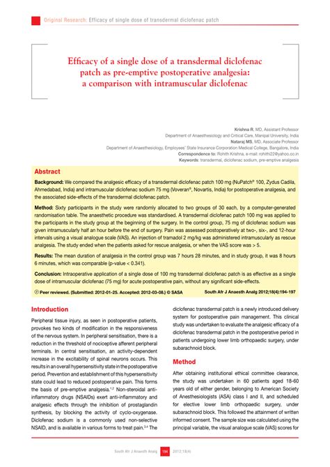 Pdf Efficacy Of A Single Dose Of A Transdermal Diclofenac Patch As Pre Emptive Postoperative