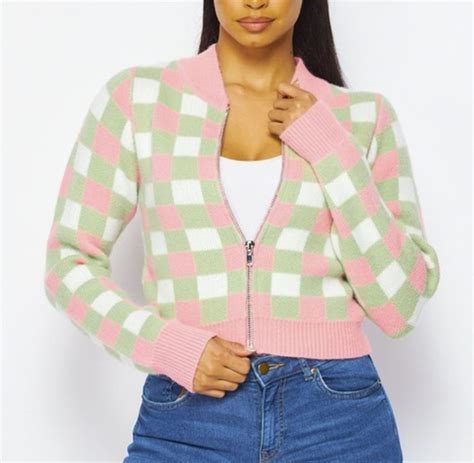 Pink And Green Crop Zippered Cardigan Sweater Pressed To Impress Llc