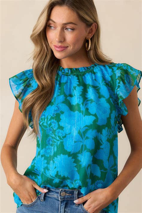Blue Floral Flutter Sleeve Blouse All Tops Red Dress
