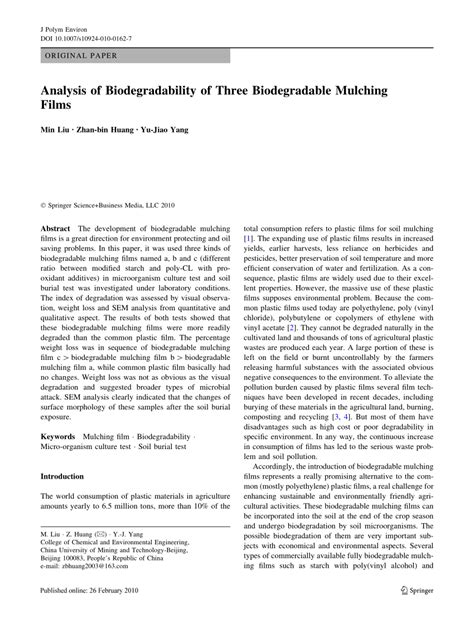 Pdf Analysis Of Biodegradability Of Three Biodegradable Mulching Films