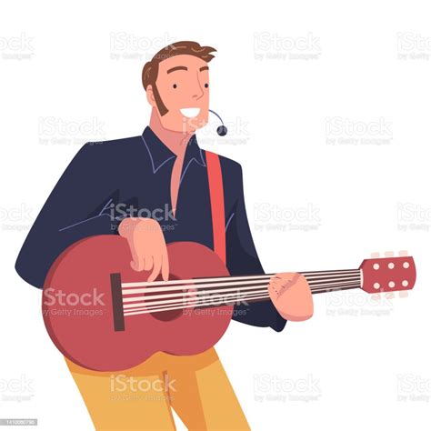 마이크와 기타를 가진 남자 가수와 음악가 무대 벡터 일러스트 레이 션에서 음악을 연주 Performing Arts Event에 대한 스톡 벡터 아트 및 기타 이미지