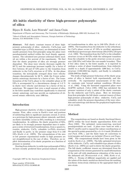 Pdf Ab Initio Elasticity Of Three High Pressure Polymorphs Of Silica