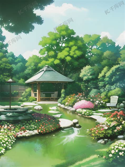 庭院卡通绿植花园春天景色插画图片 千库网