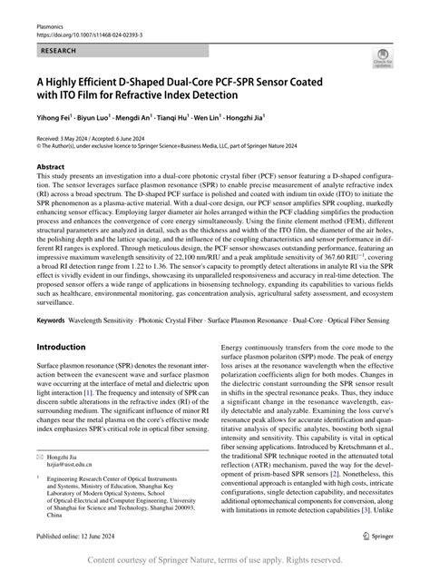 A Highly Efficient D Shaped Dual Core Pcf Spr Sensor Coated With Ito Film For Refractive Index