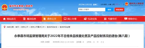 福州市永泰县市场监管局关于2022年不合格食品核查处置及产品控制情况的通告第八期） 中国质量新闻网