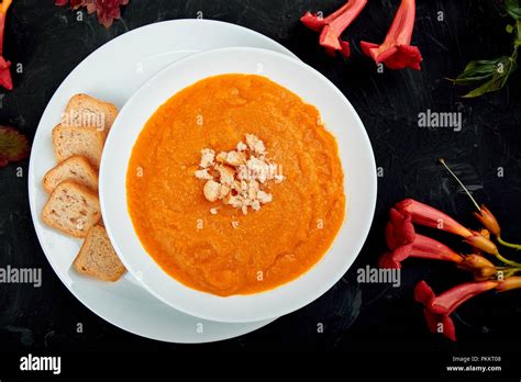 Cream Of Pumpkin Soup On A Black Background Diet Vegetarian Pupmkin
