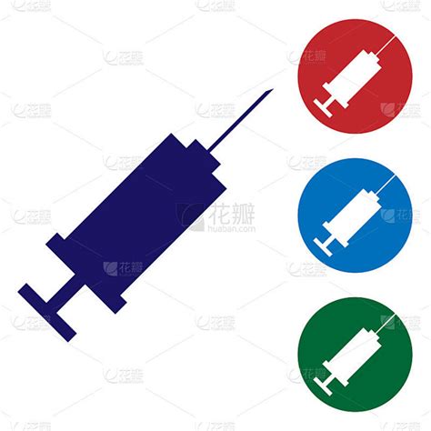 蓝色注射器图标隔离在白色背景。注射疫苗，接种疫苗，注射，流感疫苗。医疗设备。设置圆形按钮中的颜色图标
