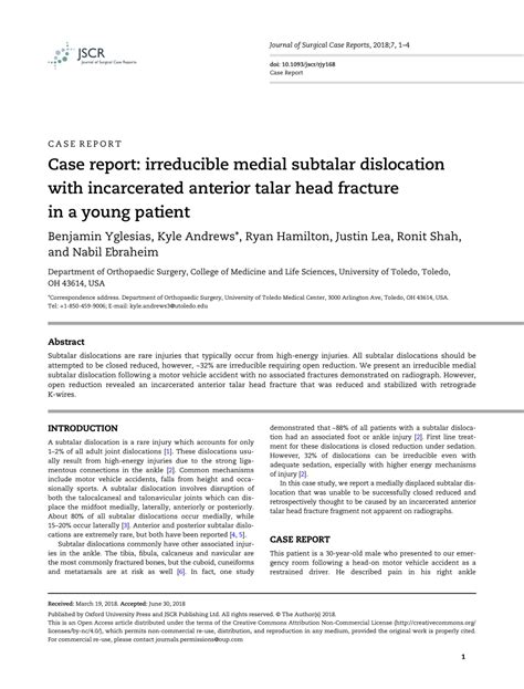 Pdf Case Report Irreducible Medial Subtalar Dislocation With Incarcerated Anterior Talar Head