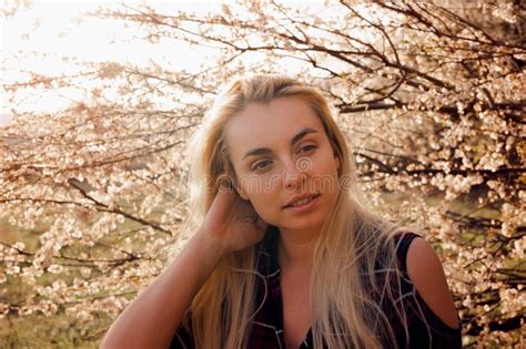 Beautiful Woman With Closed Eyes And Bare Shoulders Outdoor Portrait