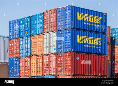 Stacked Colourful Freight Containers At The Container Terminal In Holz