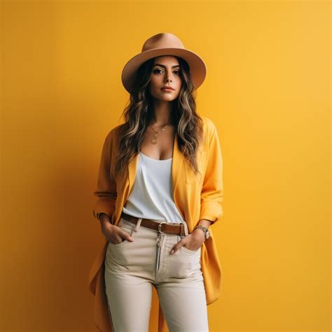 Premium Ai Image Beautiful Influencer Striking A Pose Against A Smooth Yellow Background