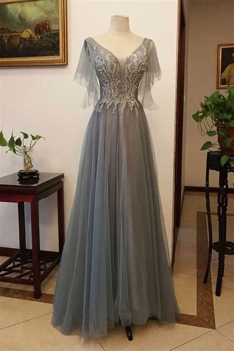 Gray Tulle Lace Cap Sleeve Long Women Prom Dress Evening Dress Cg2315