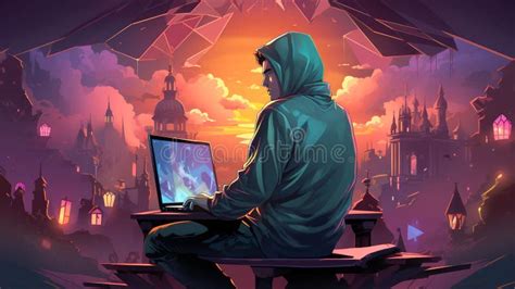 Hacker Programmer In A Hoodie Working On The Darknet Stock Illustration