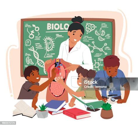 열정적 인 생물학 교사는 교실에서 호기심 많은 아이들을 참여시키고 과학에 대 한 사랑을 키우고 벡터 일러스트 레이 션을 교사 교육 관련 직업에 대한 스톡 벡터 아트 및 기타