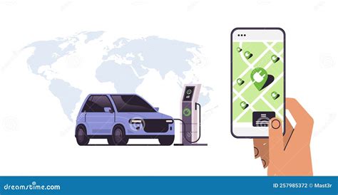 Human Hand Charging Electric Car In Mobile App Battery Vehicle At Recharging Power Station