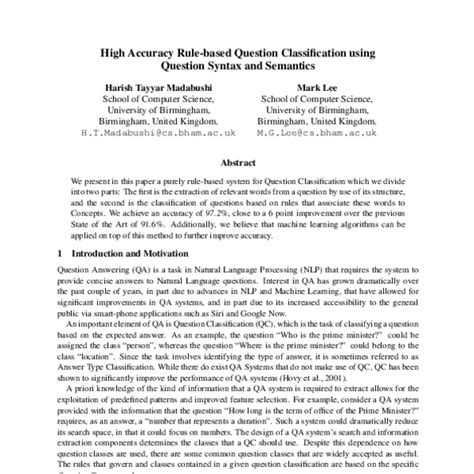High Accuracy Rule Based Question Classification Using Question Syntax
