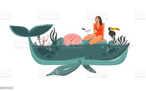 손으로 그린 벡터 추상 만화 여름 시간 그래픽 해양 일러스트 아트 템플릿 배경 푸른 파도 큰 고래 산호와 흰색 배경에 고립 된 아름다움 인 어 소녀 개념에 대한 스톡 벡터