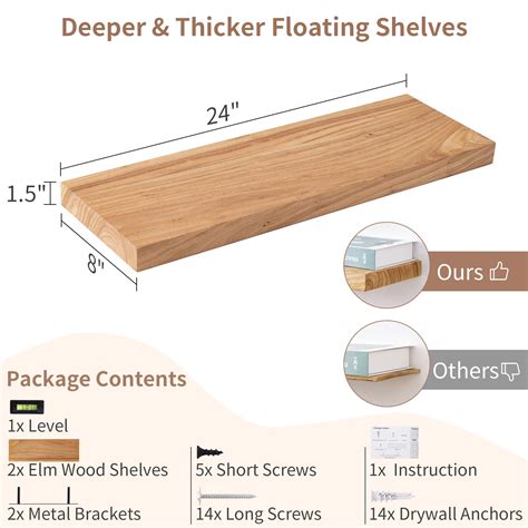 Snapklik Axeman Floating Shelves 8 Inch Deep Rustic Solid Elm Wood Wall Shelves For